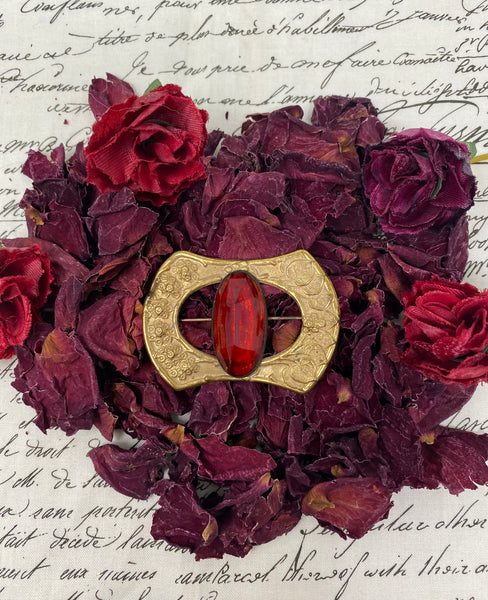Antique Art Nouveau Era Ruby Red Glass & Gold Plated Floral Ornate Bra ...